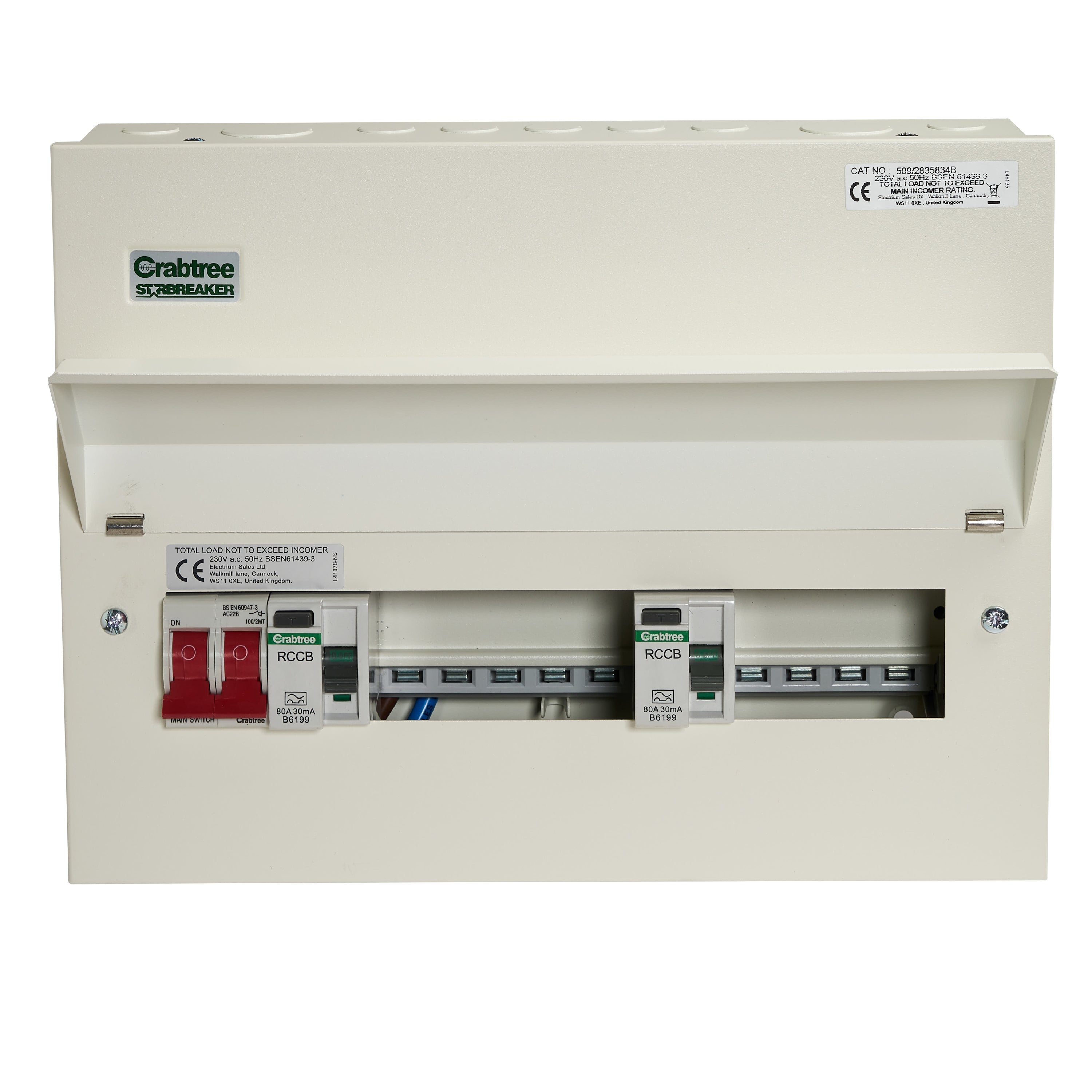 Crabtree 509-2835834B 9 Way Dual RCD Consumer Unit 100A Main Switch ...